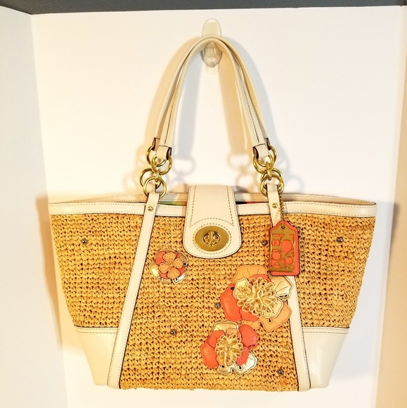Coach | Bags | Coach Straw Leather Trimmed Handbag Tea Roses | Poshmark